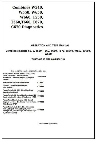 John Deere W550 W650 W660 Combine Diagnostic and Test Service Manual ...